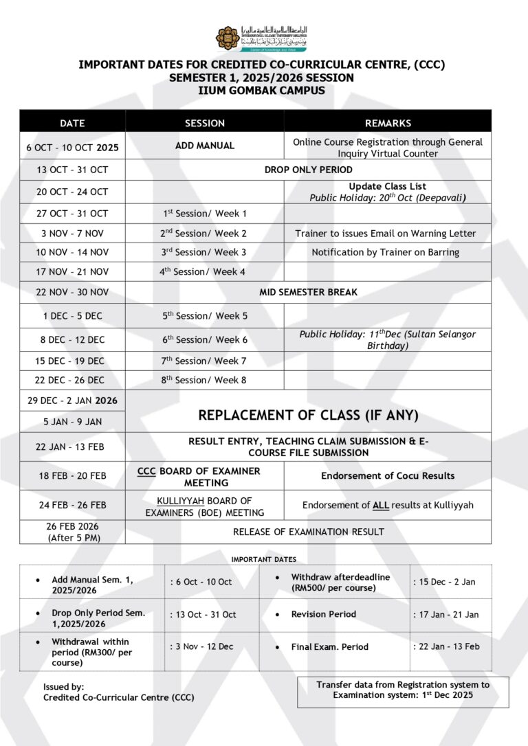 Important Dates – CREDITED CO-CURRICULAR CENTRE (CCC)