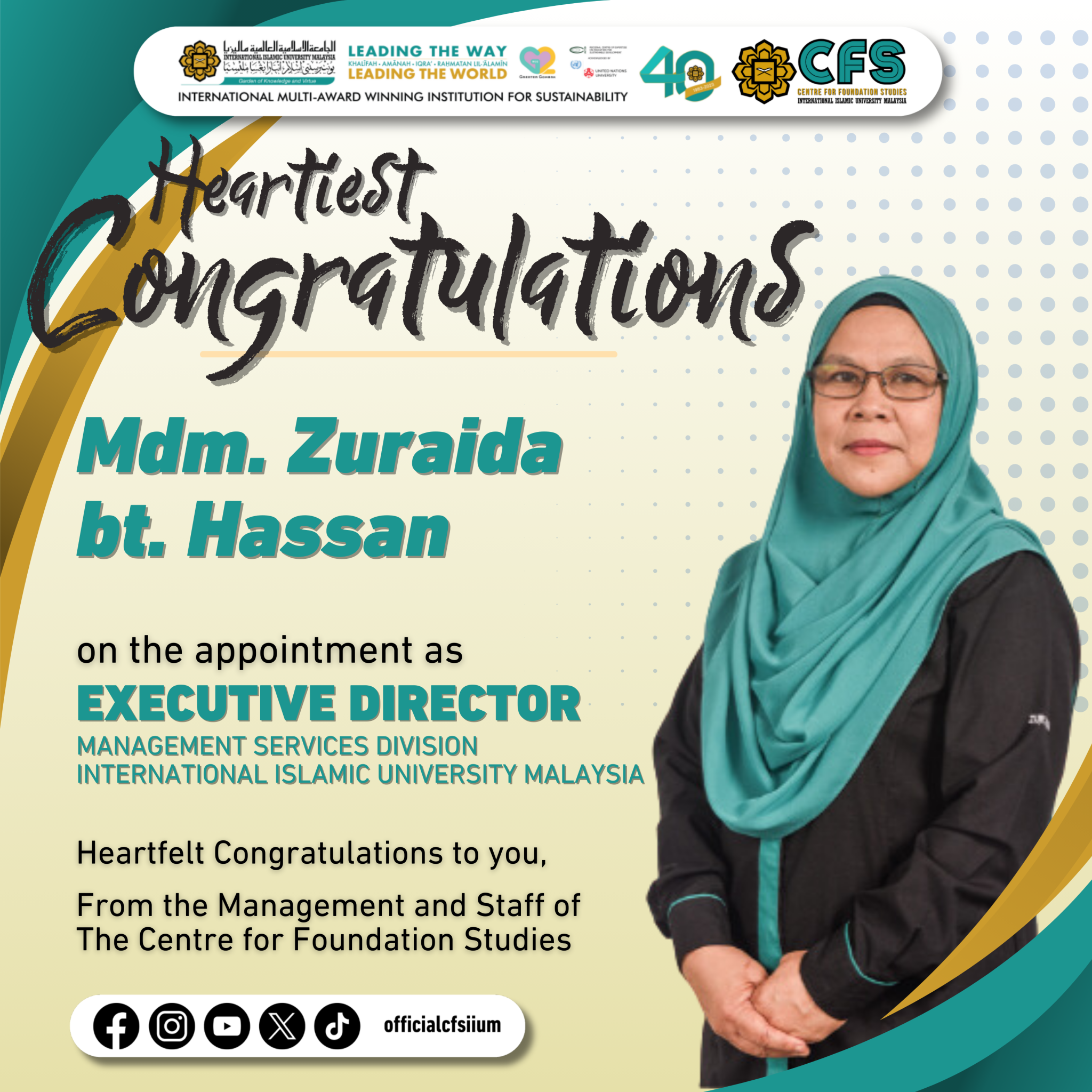 Congratulations to Mdm. Zuraida Hassan – Centre for Foundation Studies